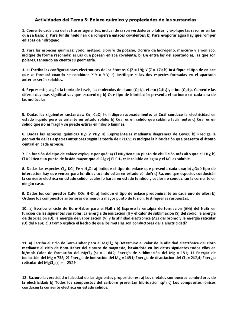 Cuestiones y Problemas T4 Química | PDF | Enlace covalente | Enlace químico