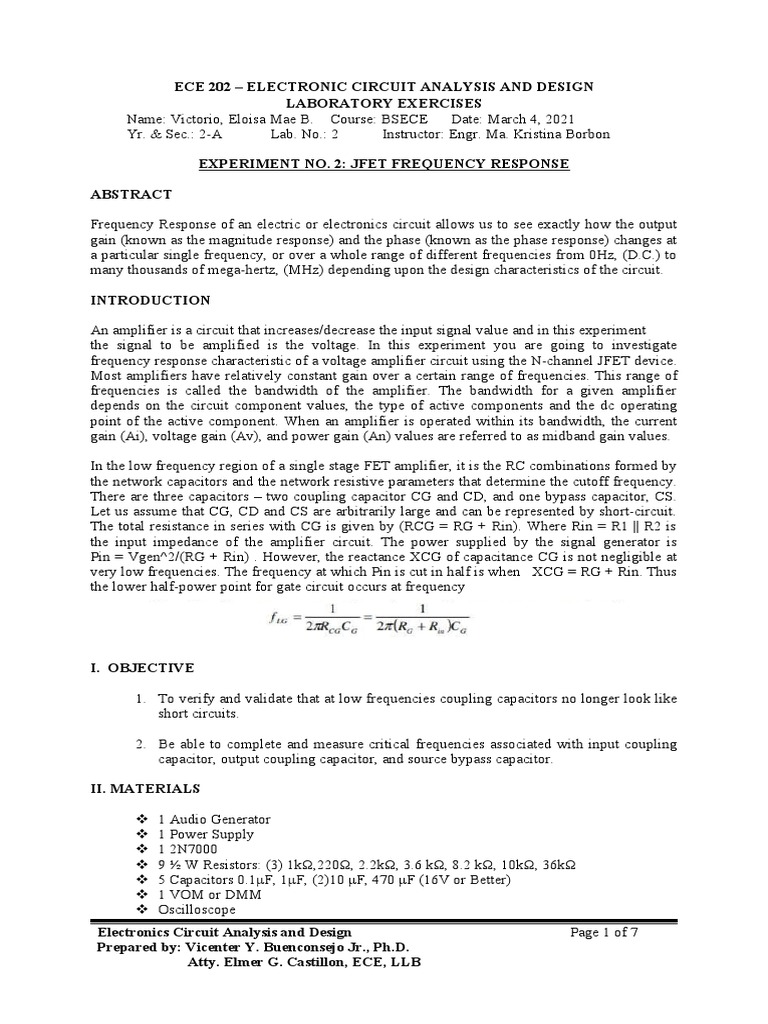 ECE202 LAB02 JFET Frequency Response | PDF | Amplifier | Capacitor