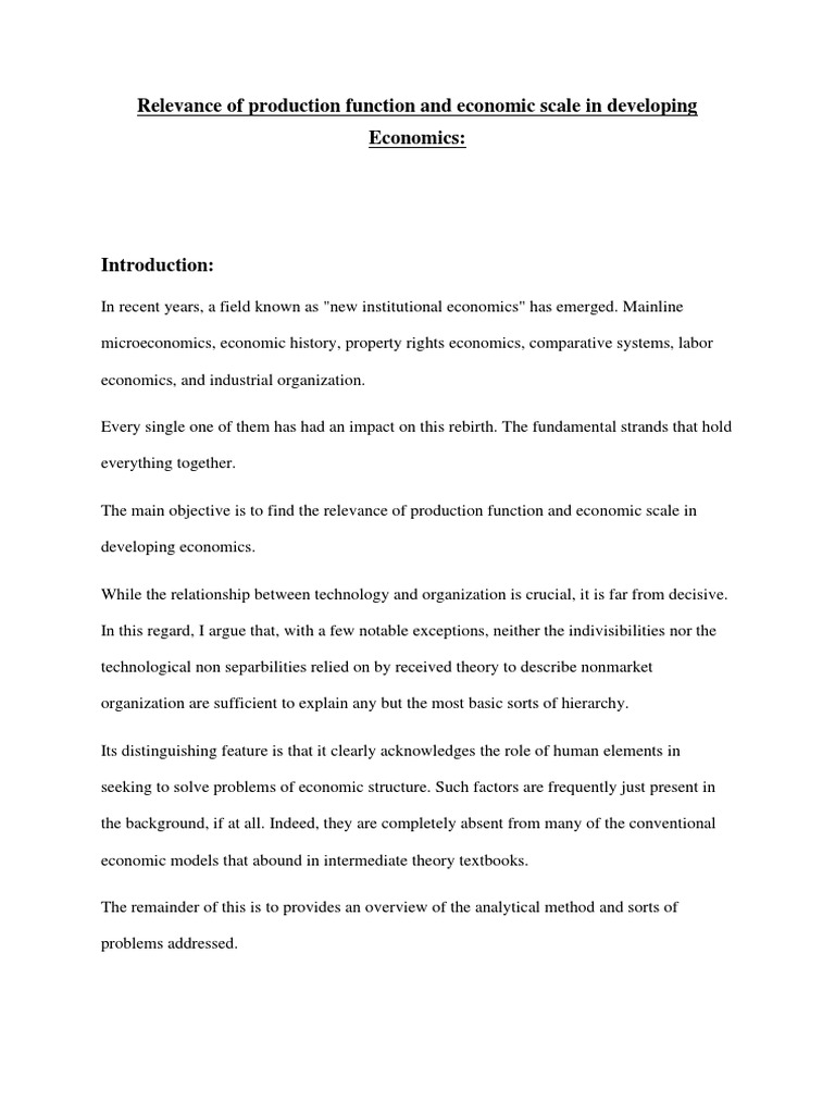 Relevance of Production Function and Economic Scale in Developing ...