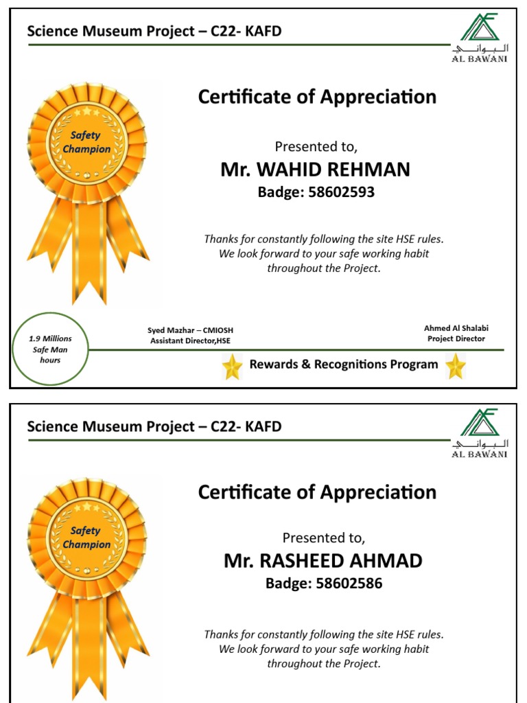 Certificate of Appreciation: Science Museum Project - C22-KAFD | PDF
