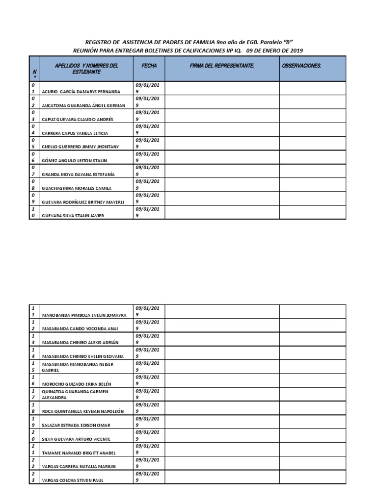 REGISTRO DE VISITAS DE PADRES DE FAMILIA 1ro BGU | PDF