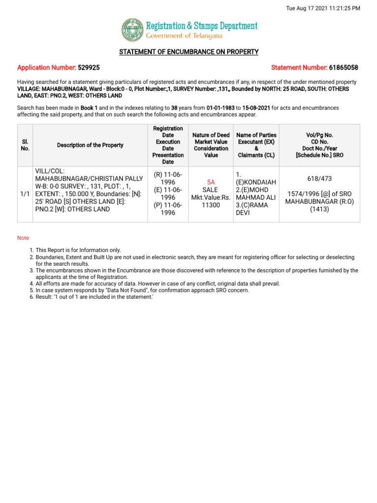 Statement of Encumbrance On Property | PDF | Common Law | Property
