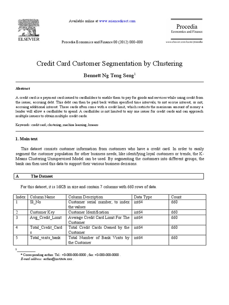 Credit Card Customer Segmentation by Clustering: Bennett NG Teng Seng ...