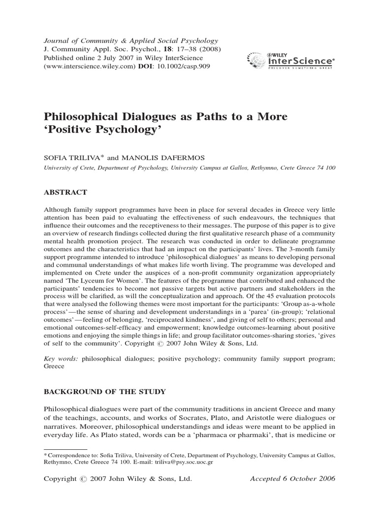Philosophical Dialogues As Paths To A More Positive Psychology' | PDF ...