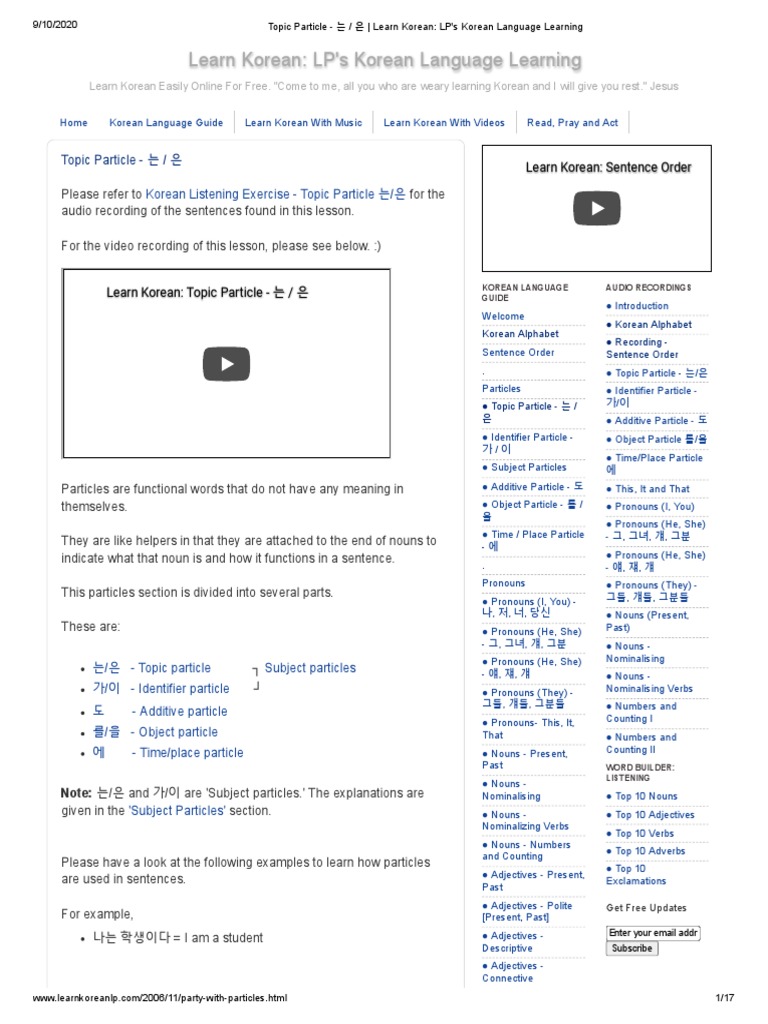 Topic Particle - 는 - 은 - Learn Korean - LP's Korean Language Learning ...