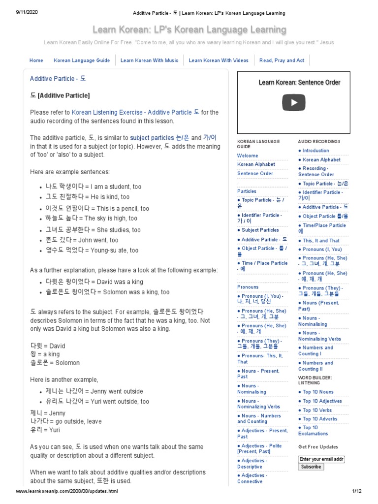 Additive Particle - 도 - Learn Korean - LP's Korean Language Learning | PDF | Noun | Grammatical ...