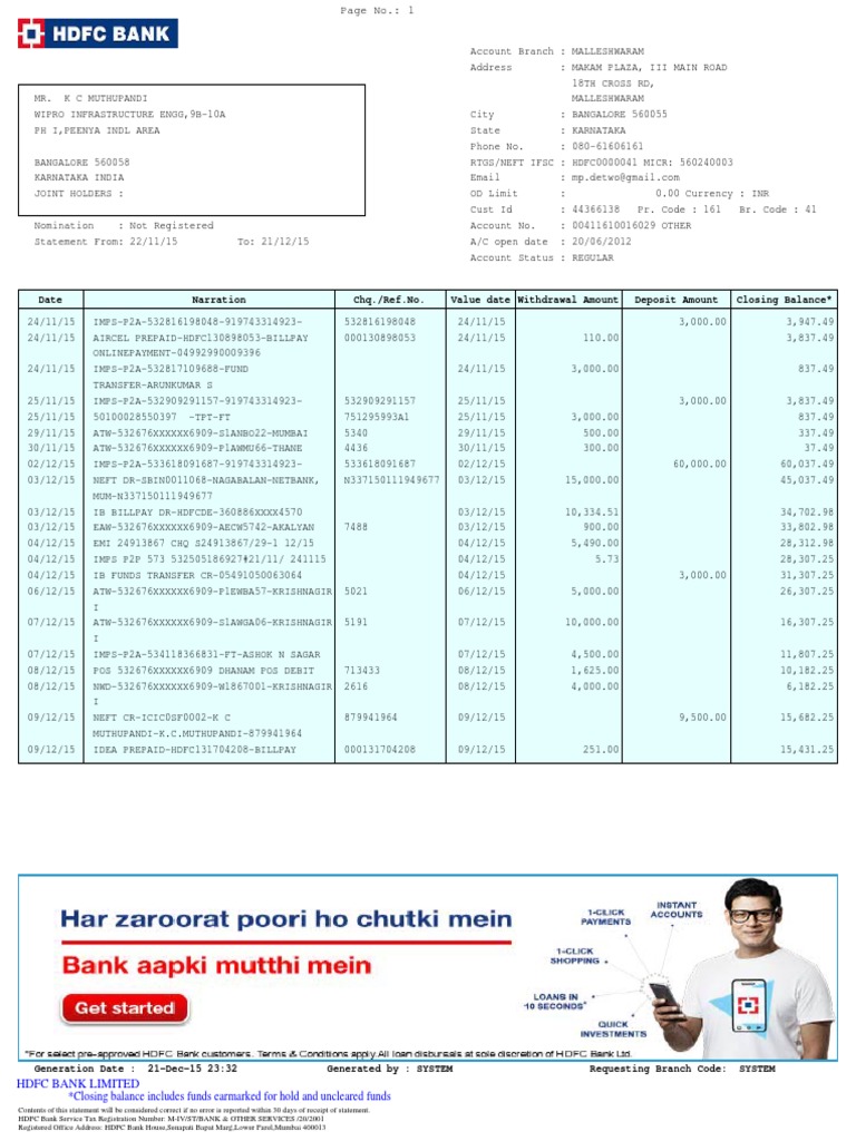 HDFC Statement Dec 2015 | PDF | Money | Business
