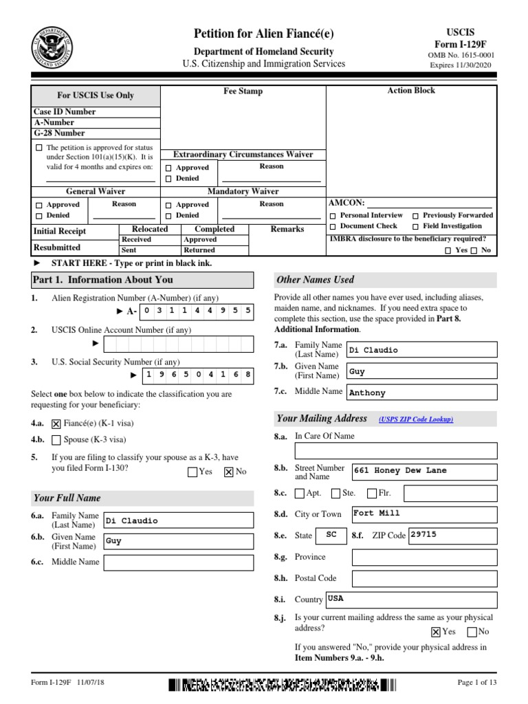 Petition For Alien Fiancé (E) : Uscis Form I-129F | PDF | Race And ...