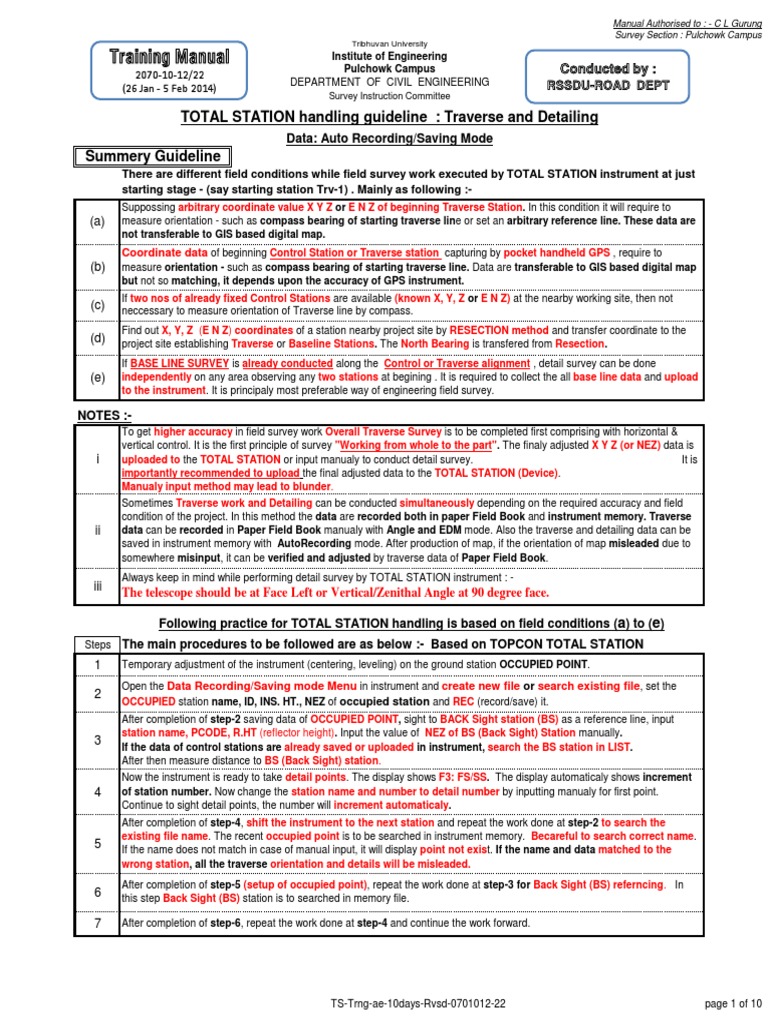 Training Manual: TOTAL STATION Handling Guideline: Traverse and ...