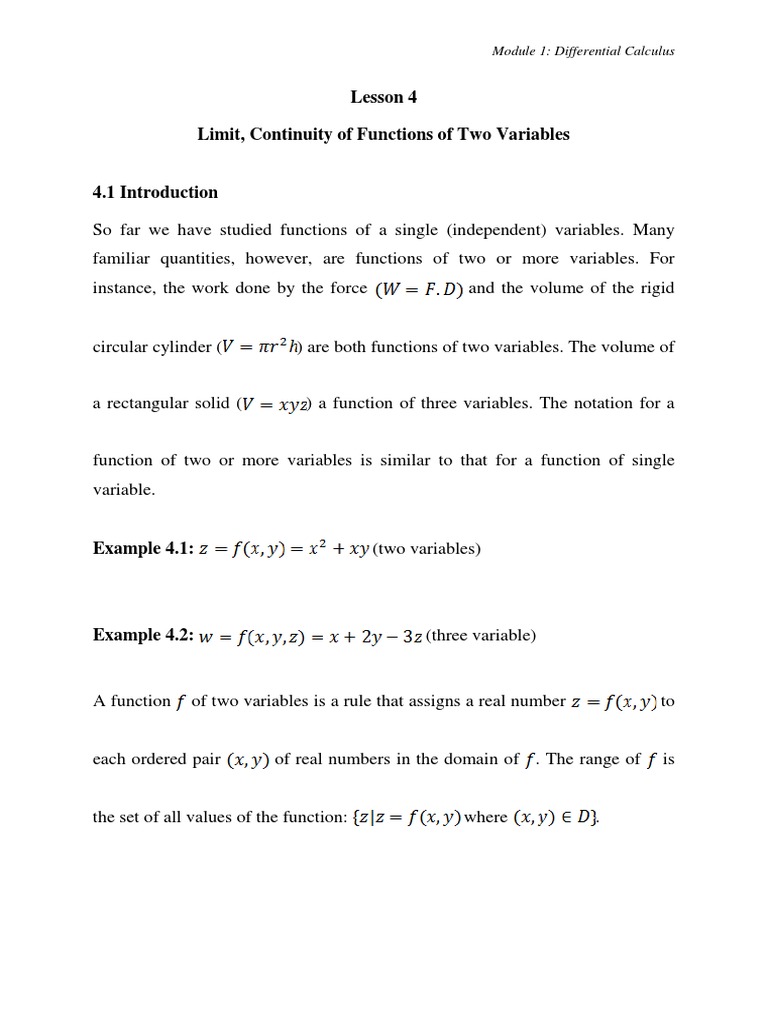 Lesson 4 Limit Continuity Of Functions Of Two Variables Module 1 Differential Calculus Pdf