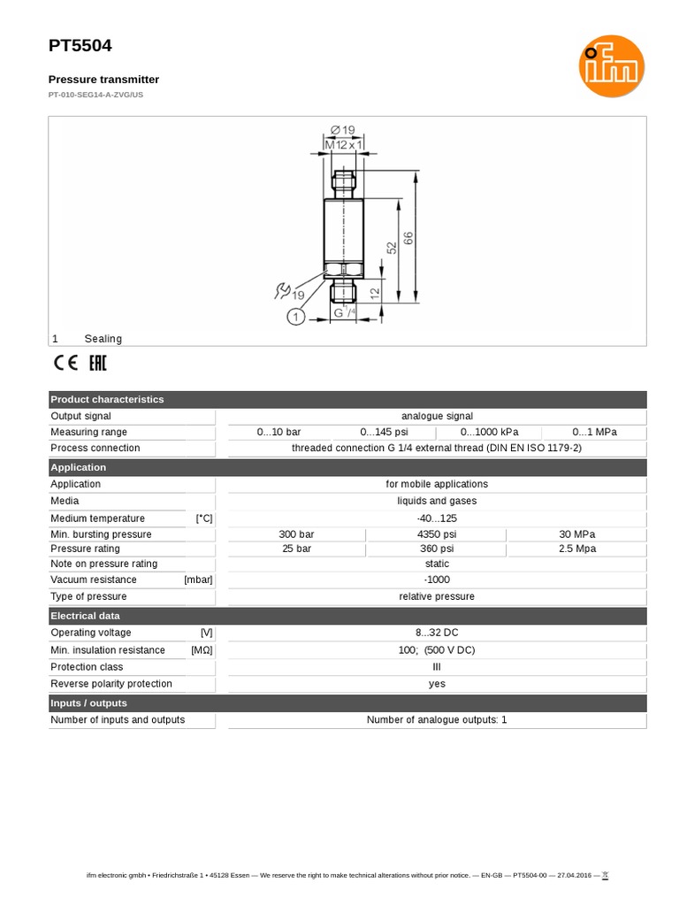 PT5504 Pressure Transmitter Spec Sheet | PDF | Pascal (Unit) | Power Supply