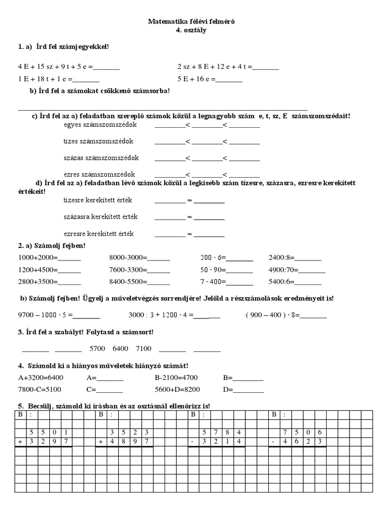 4.osztalyos Matematika Feleves Dolgozat | PDF
