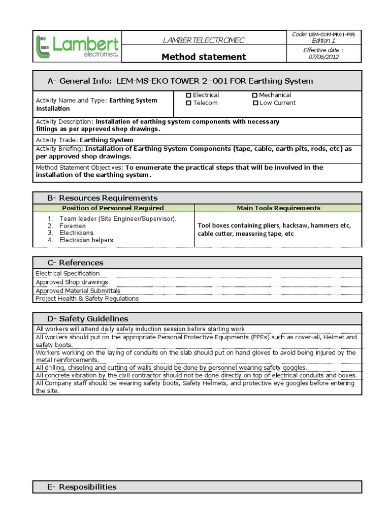Method Statement: A-General Info: LEM-MS-EKO TOWER 2 - 001 FOR Earthing ...