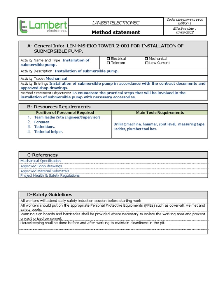 Installation of Submersible Pump Method Statement | PDF | Pump