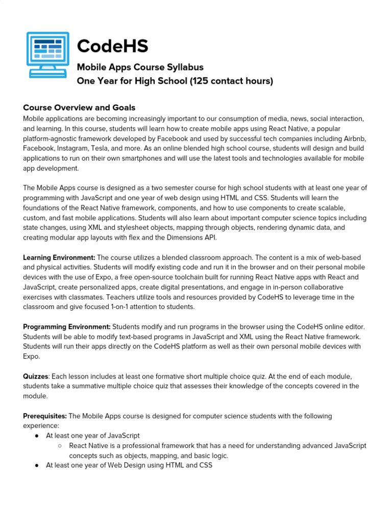 Codehs: Mobile Apps Course Syllabus One Year For High School (125 ...