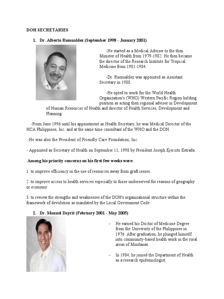 DOH Secretaries Roles | PDF | Health Sciences | Health Care