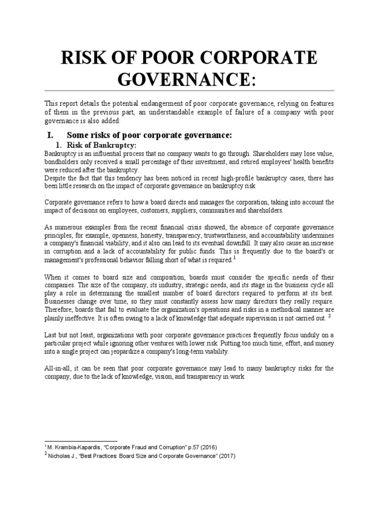 I. Some Risks of Poor Corporate Governance | PDF | Corporate Governance ...