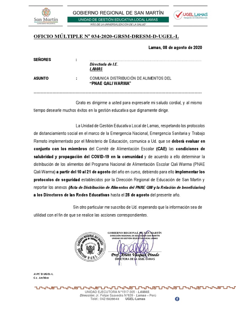 Oficio Multiple N 034-2020 A Direc Sobre QW | PDF