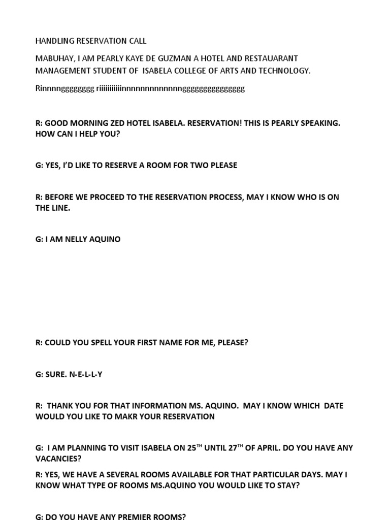 Handling Reservation Call | PDF