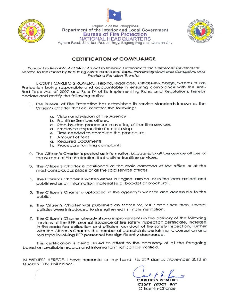 Cert of Compliance BFP Citizens Charter | PDF