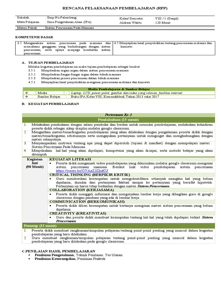 RPP Sistem Pencernaan Pada Manusia KLS 8 | PDF
