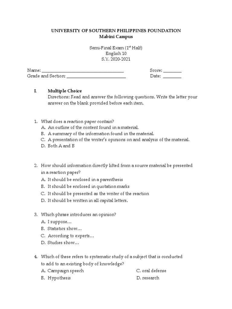 English 10 Semi-Final Exam Guide | PDF | Patriarchy | Cognition