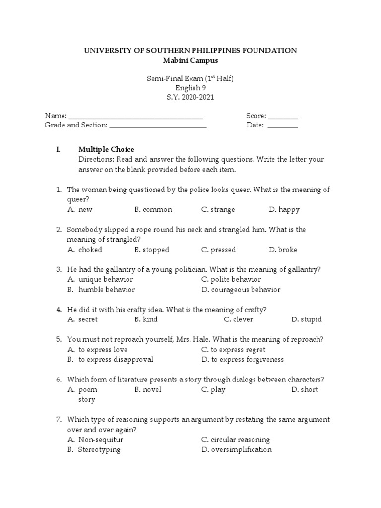 English 9 Semi-Final Exam | PDF | Argument | Reason
