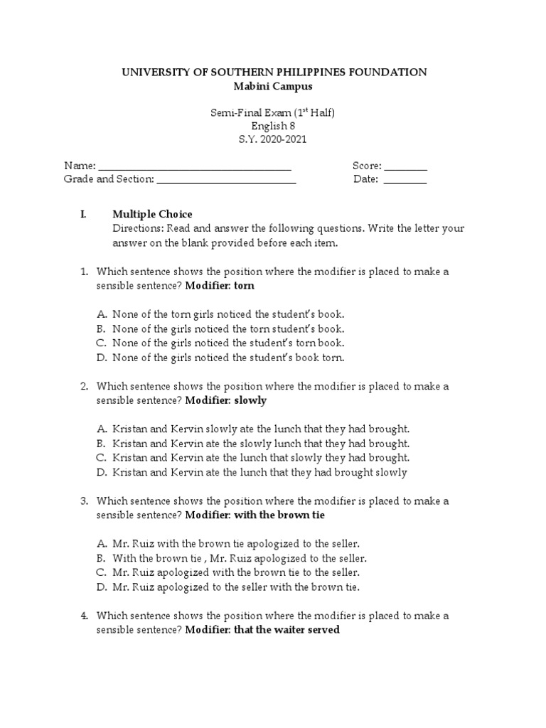 Modifiers and Logical Fallacies: A Semi-Final Exam for English 8 | PDF ...