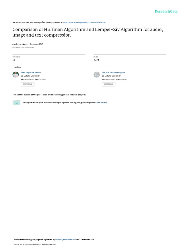 Comparison of Huffman Algorithm and Lempel-Ziv Algorithm For Audio, Image and Text Compression ...