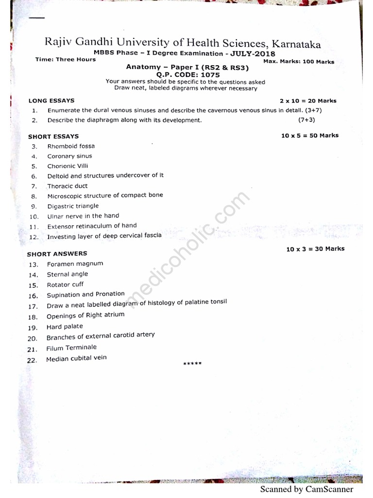 1st Year MBBS Question Papers RGUHS 2018 | PDF