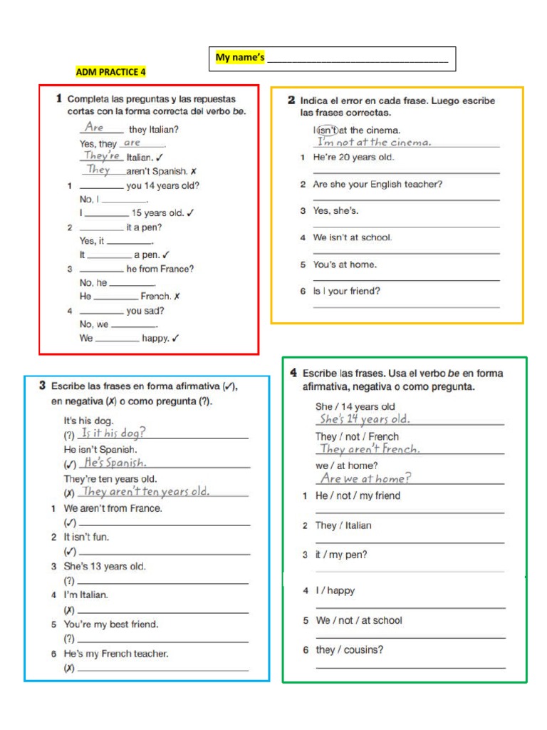 Practice 4 To Be Aff Neg Int 123 | PDF