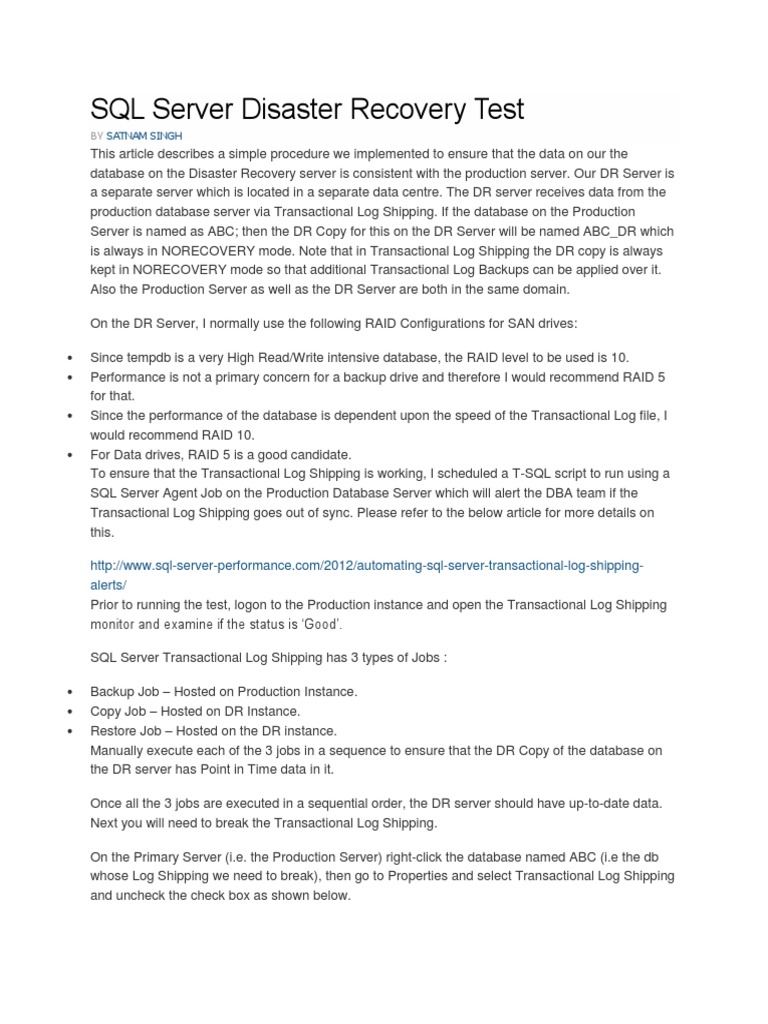 SQL Server Disaster Recovery | PDF | Databases | Backup