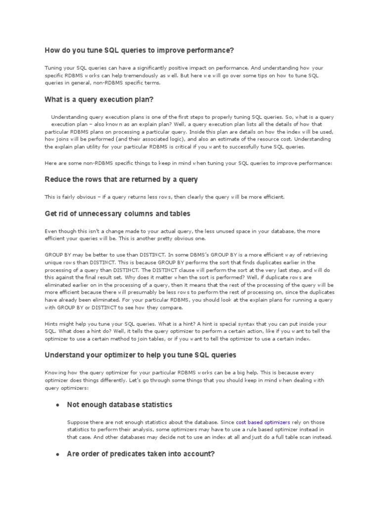 How Do You Tune Sql Queries To Improve Performance Pdf Relational Database Database Index
