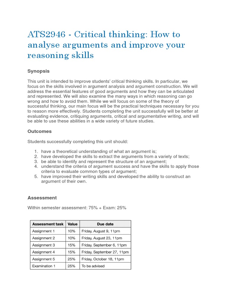 ATS2946 - Critical Thinking: How To Analyse Arguments and Improve Your Reasoning Skills | PDF ...