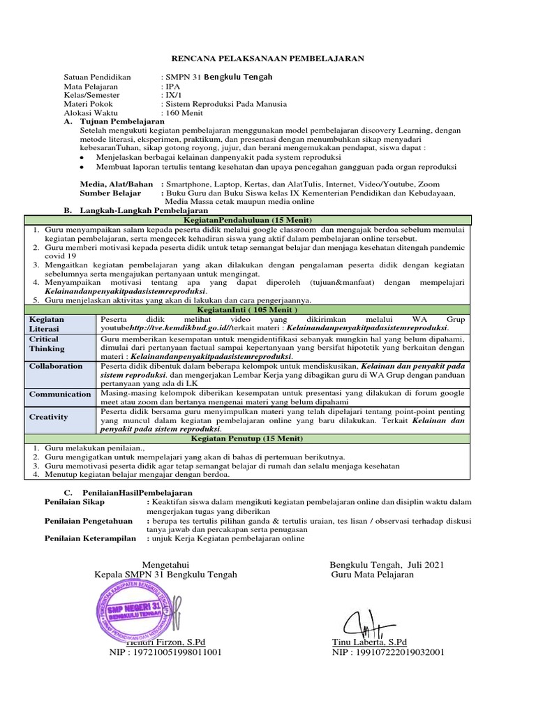 RPP IPA Kelas 9 Lengkap Penilaian Dan LKPD | PDF