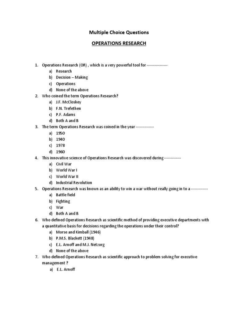 Multiple Choice Questions Operations Research | PDF | Mathematical ...