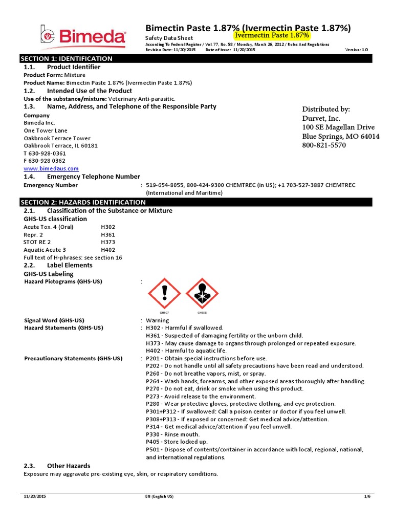 Ivermectin-Paste Bimeda 112015 SDS | PDF | Firefighting | Toxicity