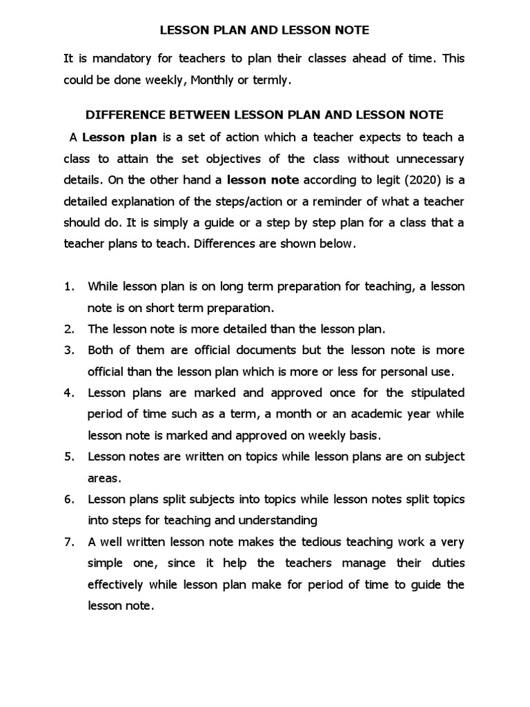 Lesson Plan and Lesson Note | PDF | Lesson Plan | Teachers