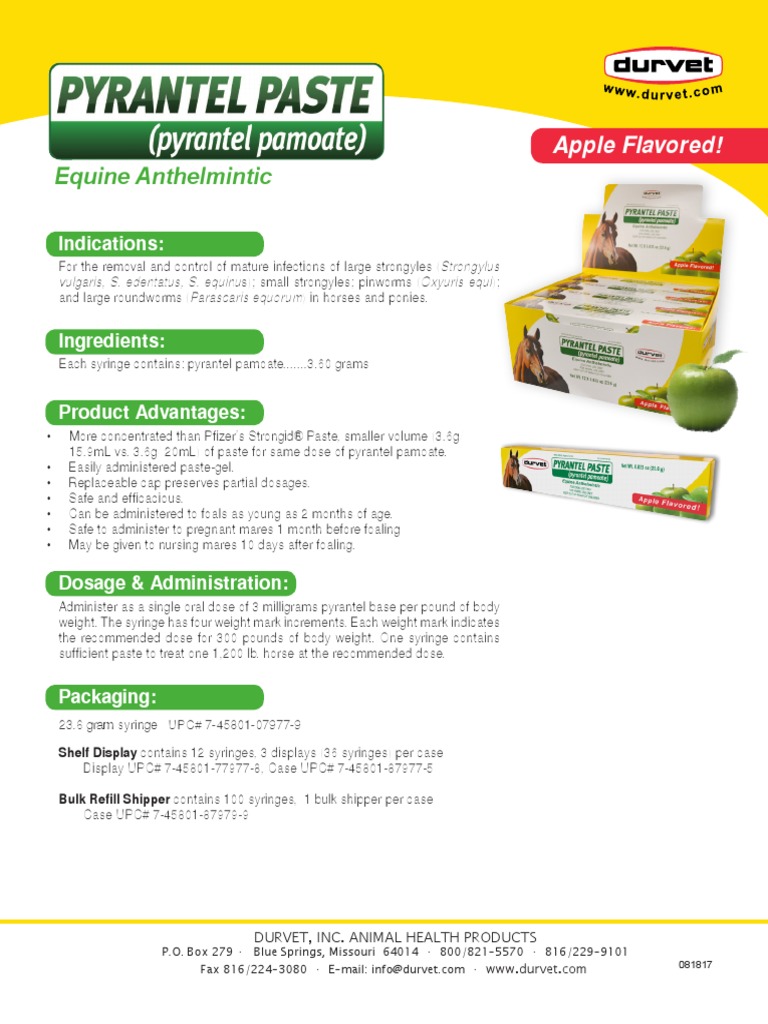 Pyrantel Paste Detail Sheet | PDF | Dose (Biochemistry) | Chemistry