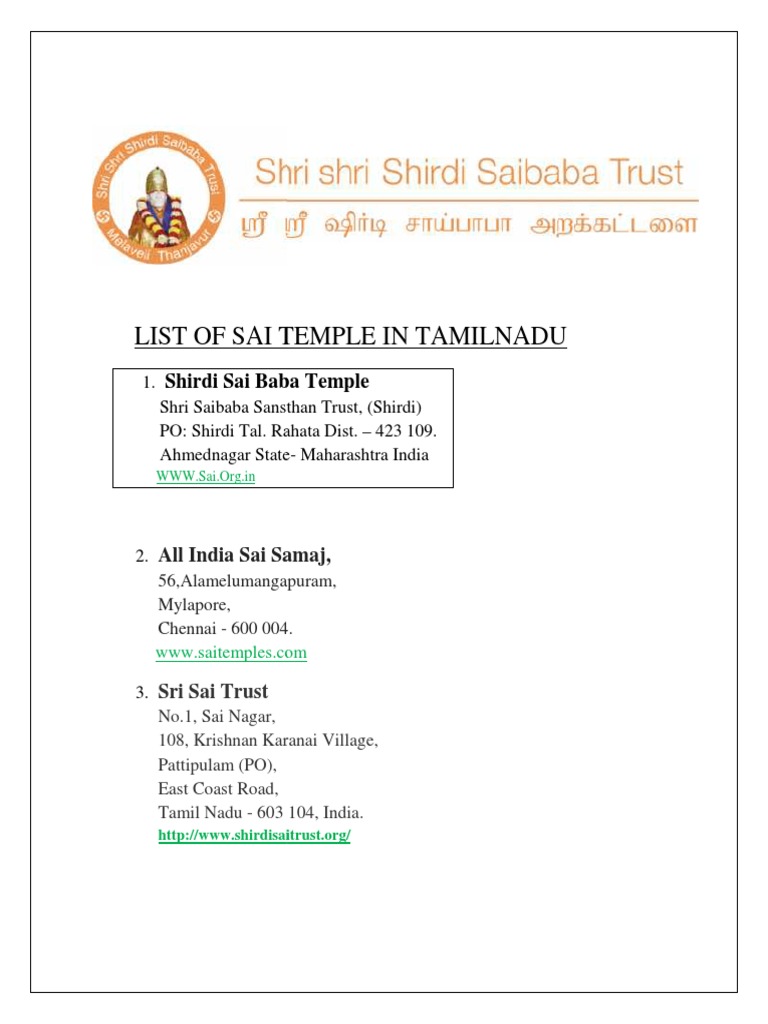 Important Sai Baba Temple Address | PDF | Tamil Nadu