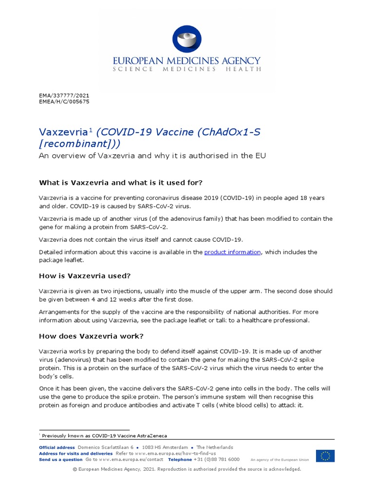 Vaxzevria Previously Covid 19 Vaccine Astrazeneca Epar Medicine ...