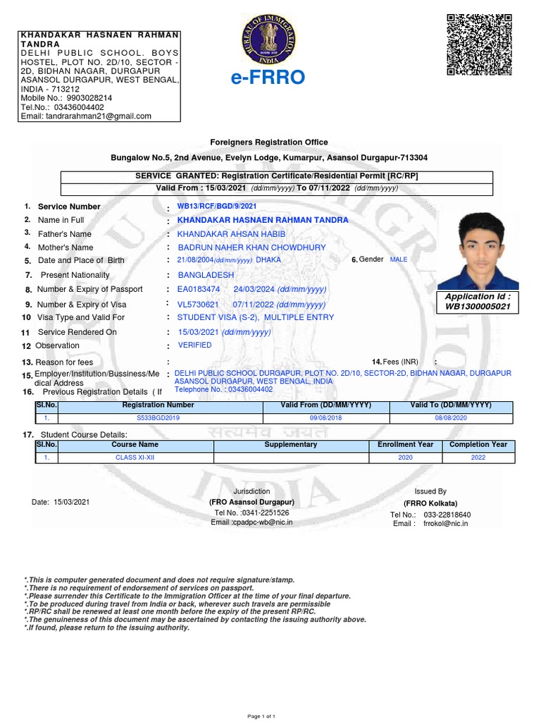 e-FRRO: Khandakar Hasnaen Rahman Tandra | PDF | Travel Visa | Cultural Globalization