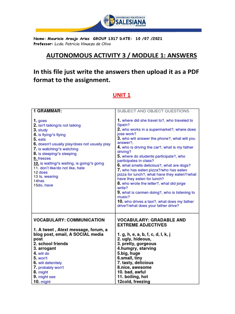 Autonomous Activity Answers | PDF