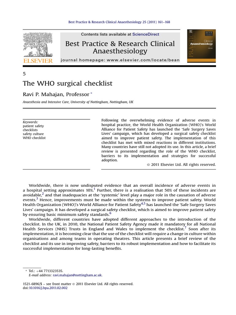 The Who Surgical Checklist | PDF | Patient Safety | Surgery