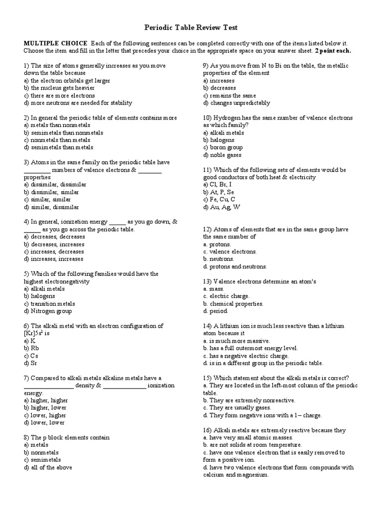 Periodic Table Review Test Questions | PDF | Ion | Periodic Table