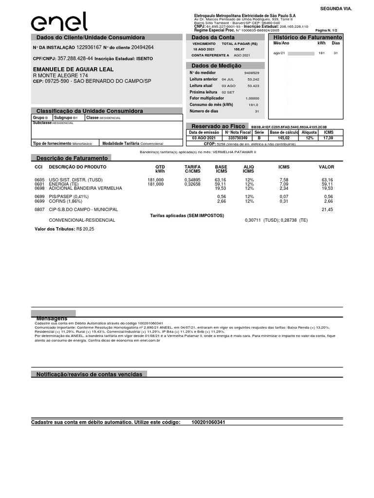 Fatura Enel | PDF | Iluminação pública | Comércio
