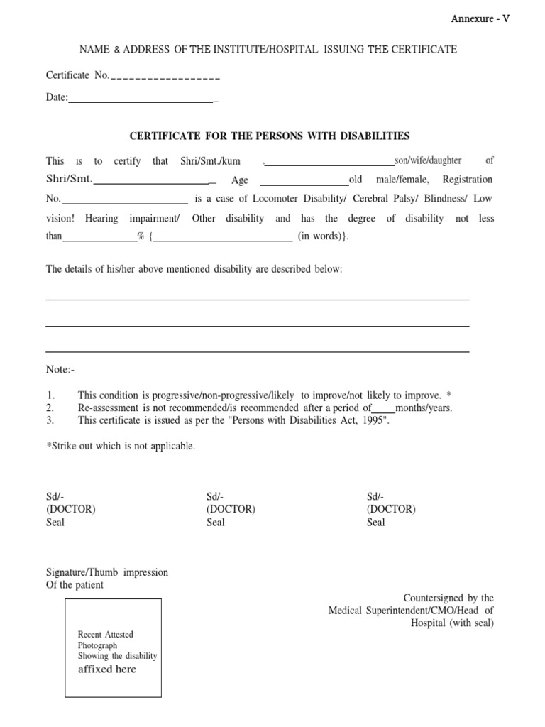 Certificate For The Persons With Disabilities | PDF
