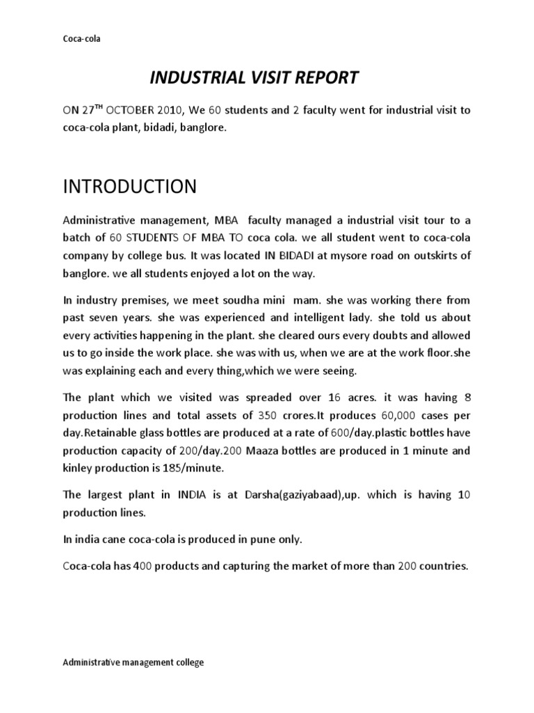 Industrial Visit Report | PDF | Coca Cola | The Coca Cola Company