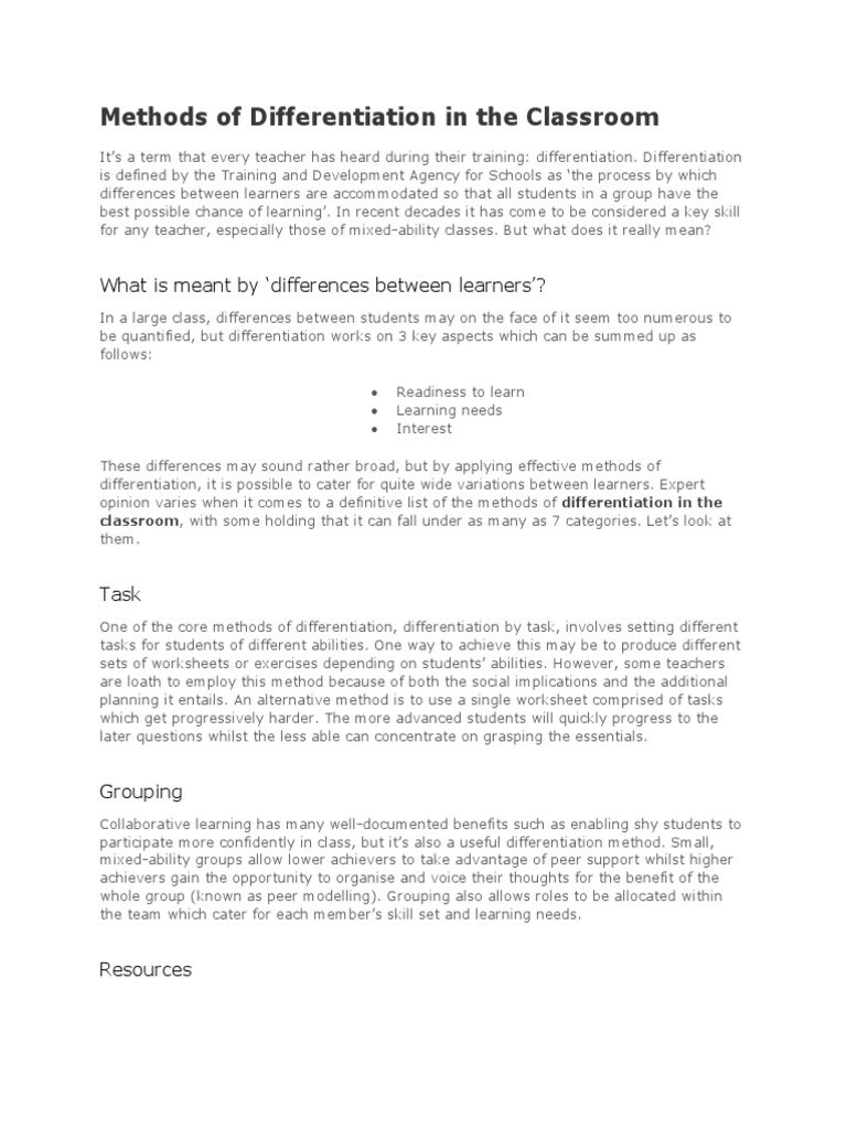 Methods of Differentiation in The Classroom: What Is Meant by Differences Between Learners ...
