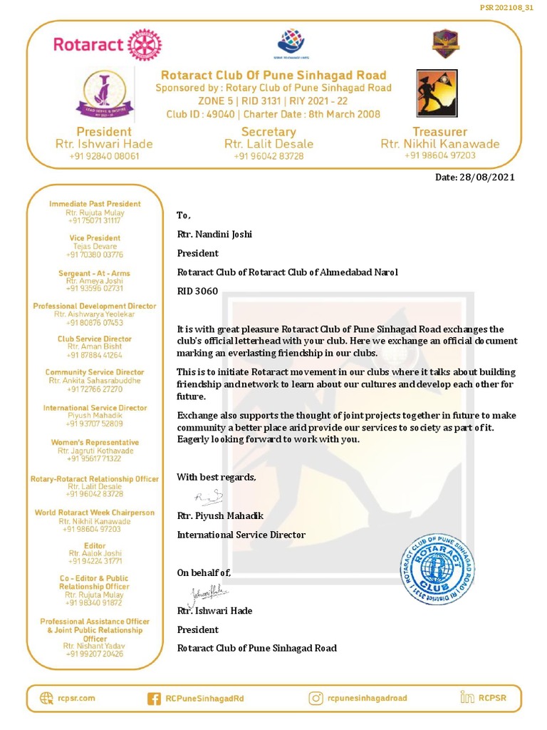 Rotaract Clubs Exchange Official Letterhead Document | PDF